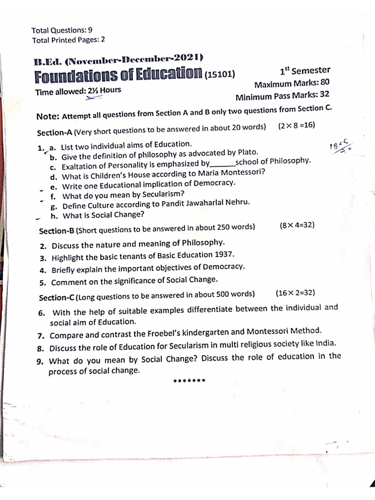 Previous Year Bed Papers | PDF