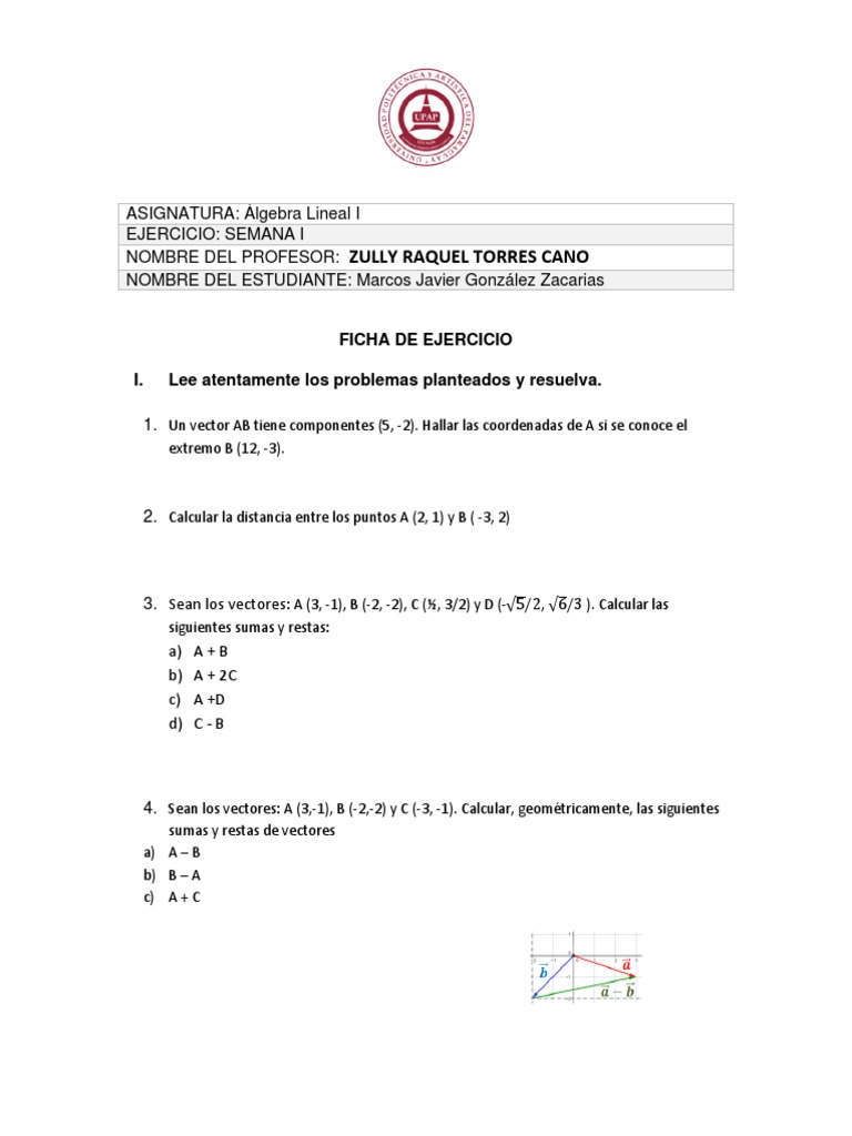Semana I - Ficha - Algebra Lineal I | PDF Semana I - Ficha - Algebra Lineal I | PDF