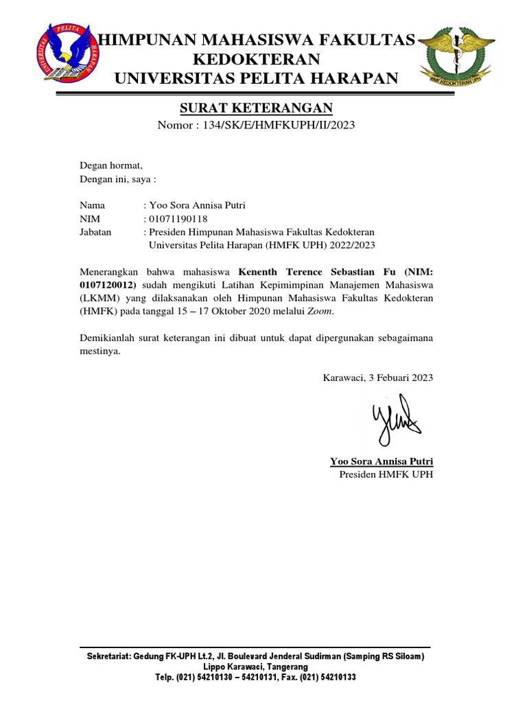 Surat Keterangan LKMM HMFK UPH | PDF | Sains & Matematika
