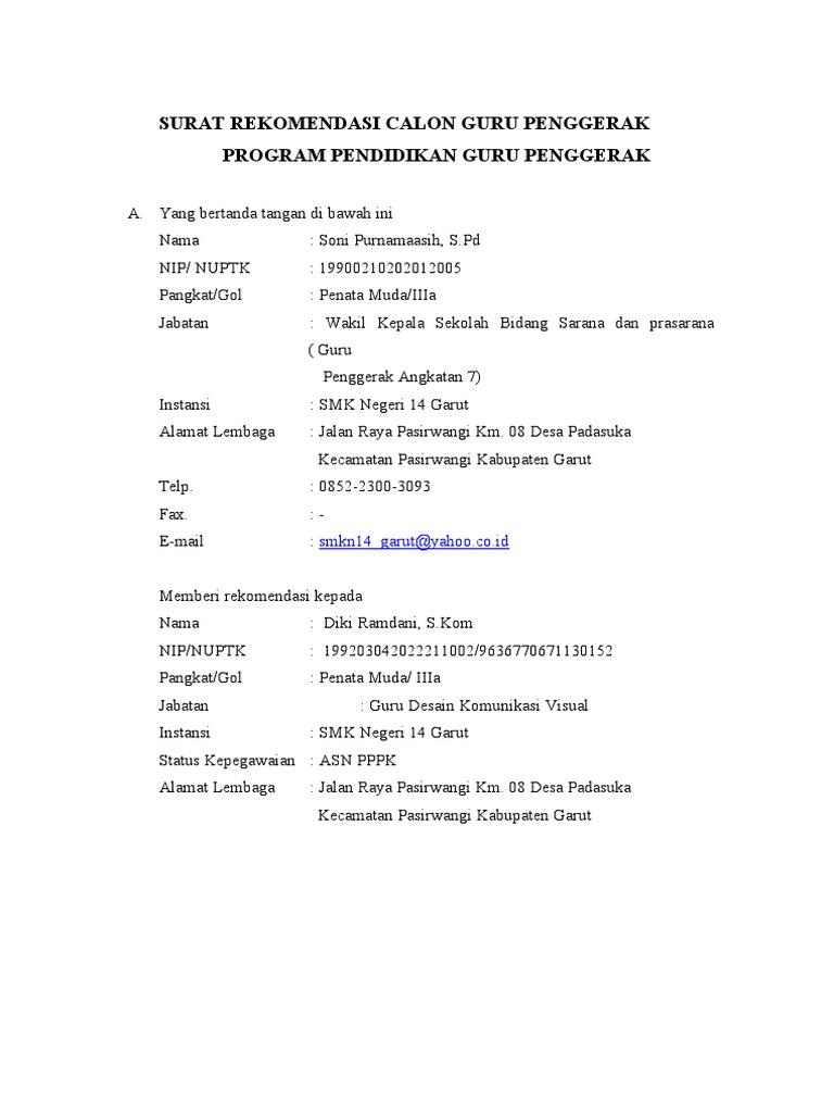 Surat Rekomendasi Calon Peserta PPGP Diki Ramdani | PDF | Karier ...