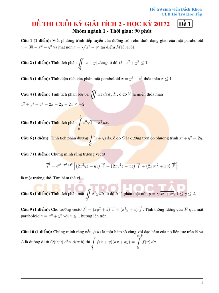 Đề & chữa đề GT2 | PDF