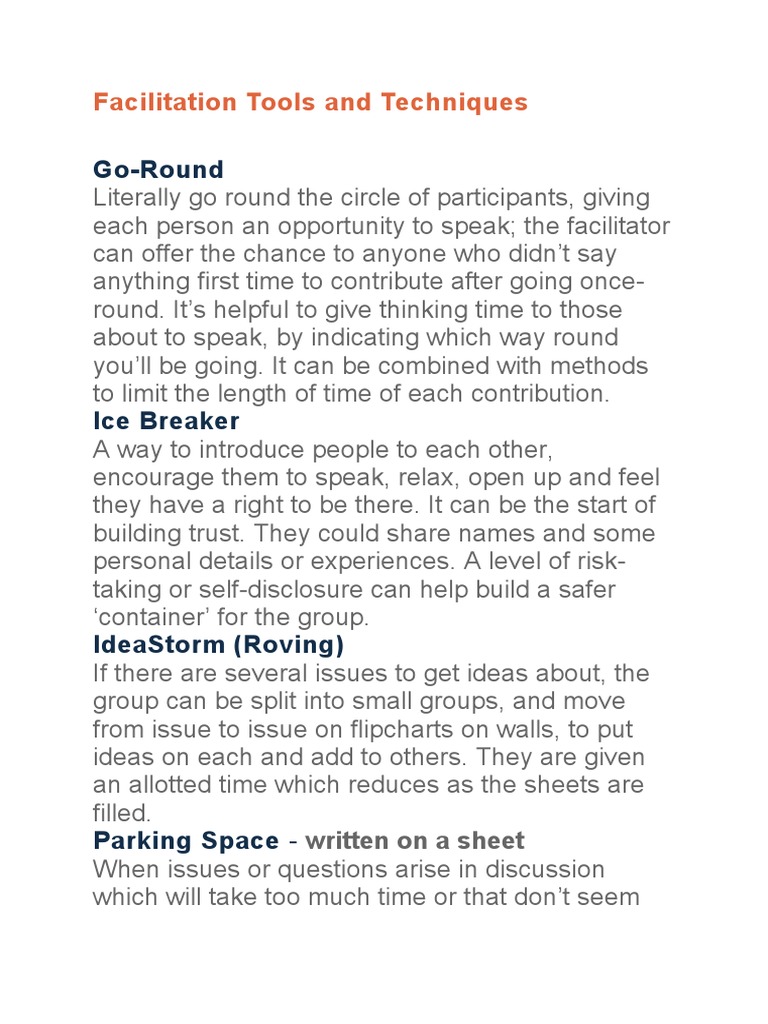 Facilitation Tools and Techniques | PDF | Experience | Facilitator