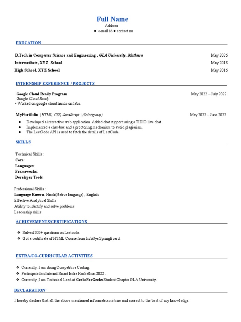 GLA Resume Format | PDF