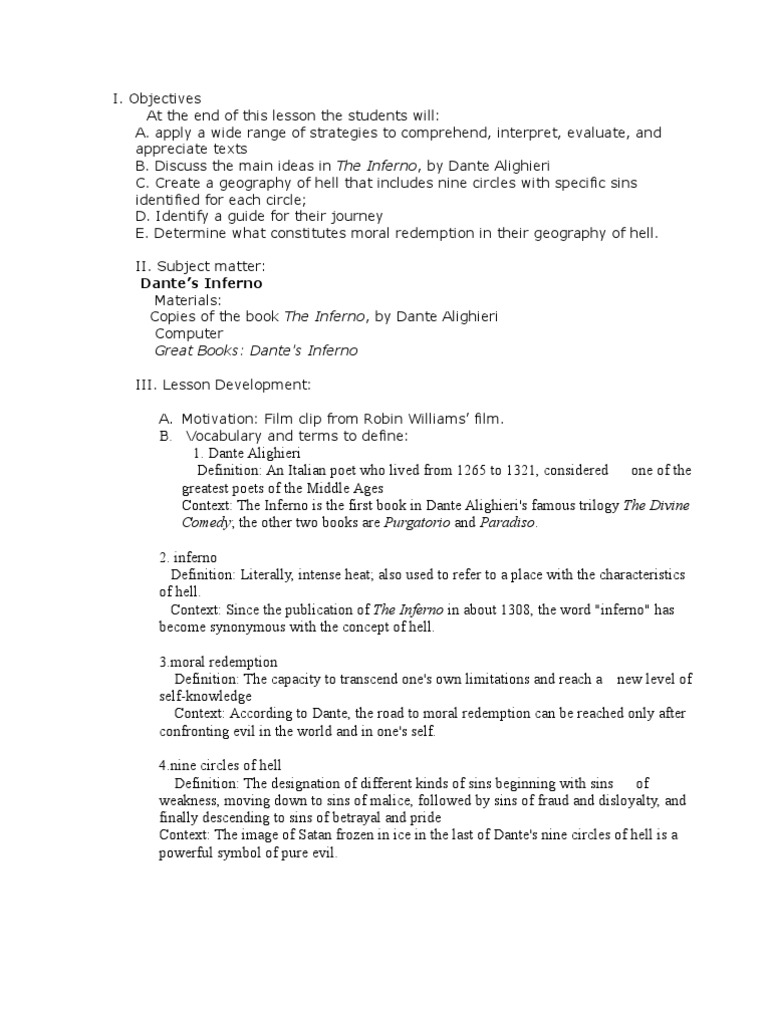 Exploring Dante's Inferno: Lesson Plan | PDF | Divine Comedy | Inferno ...