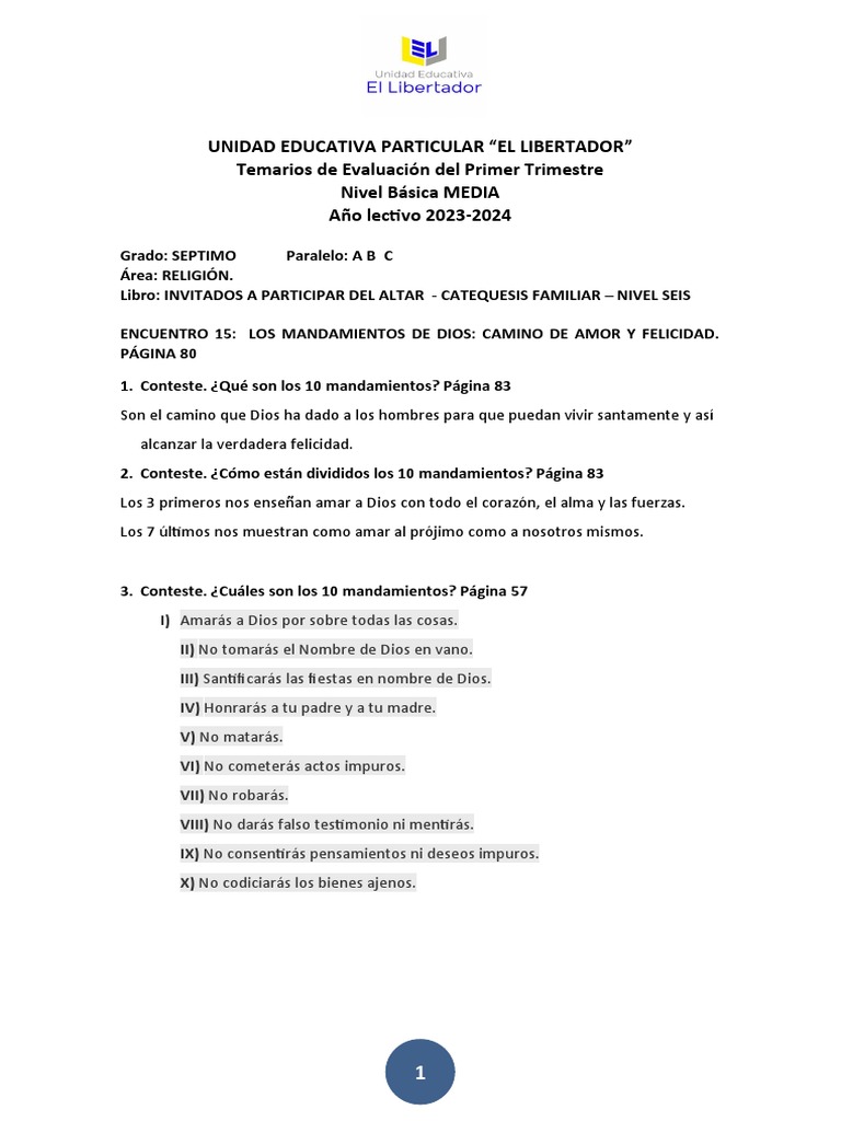 Temarios Evaluacion 1ertrimestre Religion Septimo 2o23 | PDF
