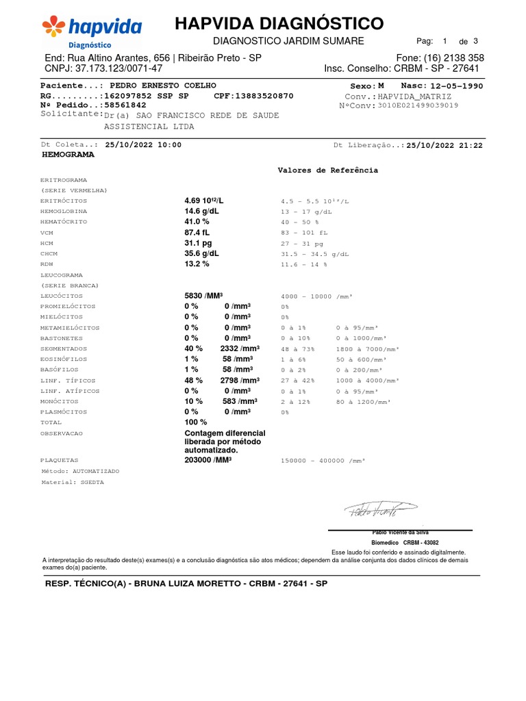 Hapvida Diagnóstico: Hemograma | PDF | Hematologia | Sistema de saúde
