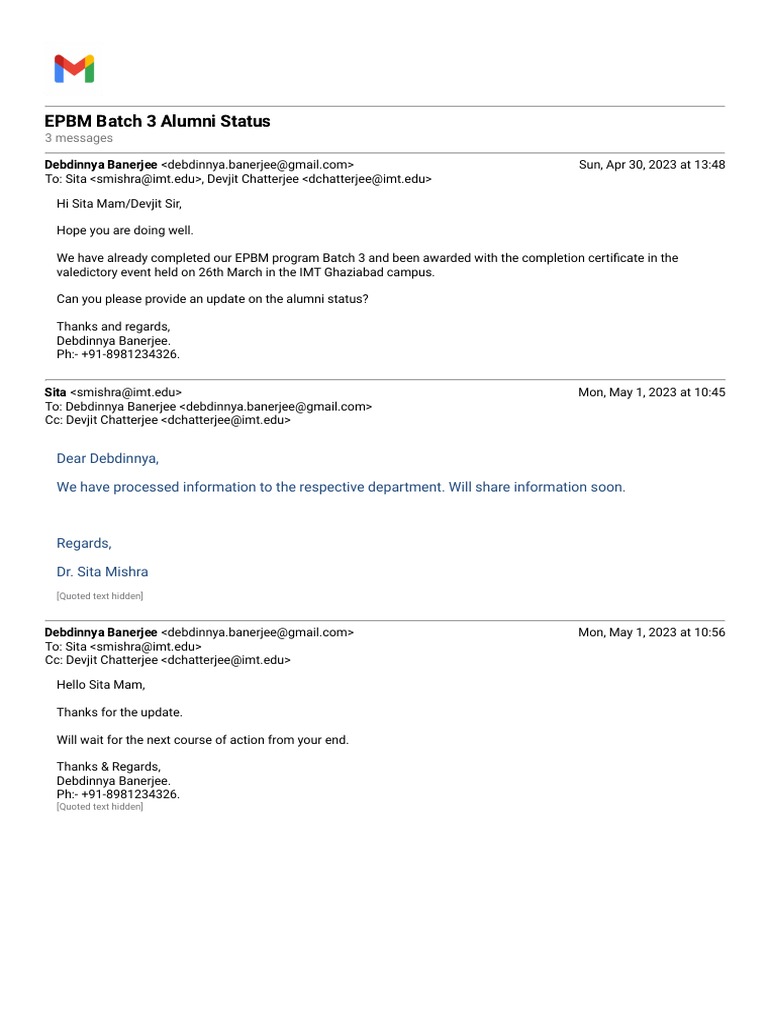 Gmail - EPBM Batch 3 Alumni Status | PDF