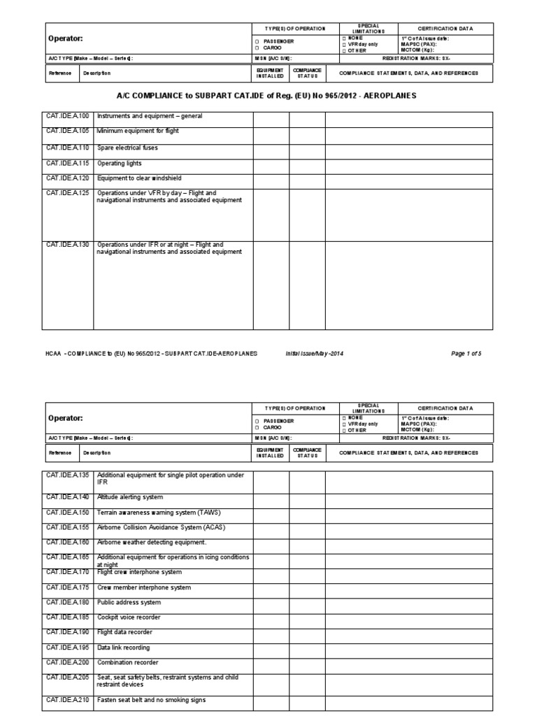 Compliance Subpart Cat - Ide - Aeroplanes | PDF | Visual Flight Rules ...