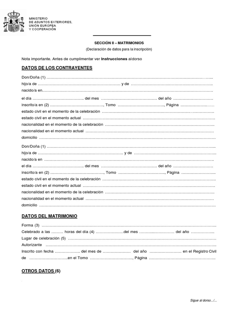 Hoja Declaratoria Matrimonio Español | PDF