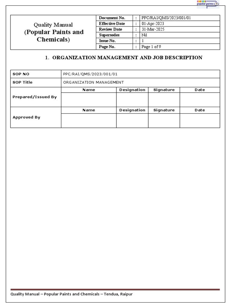 Sop 01 - Organization Management and Job Description | PDF