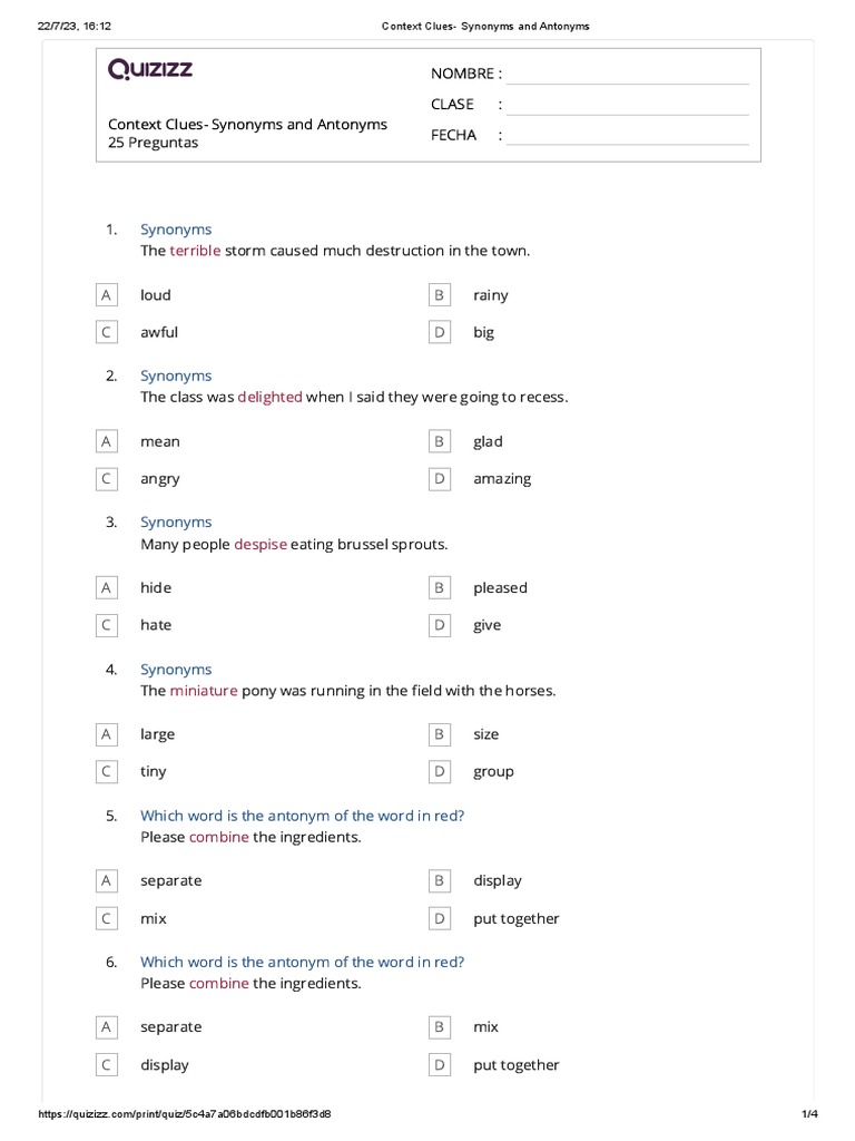 Context Clues: Synonyms & Antonyms | PDF