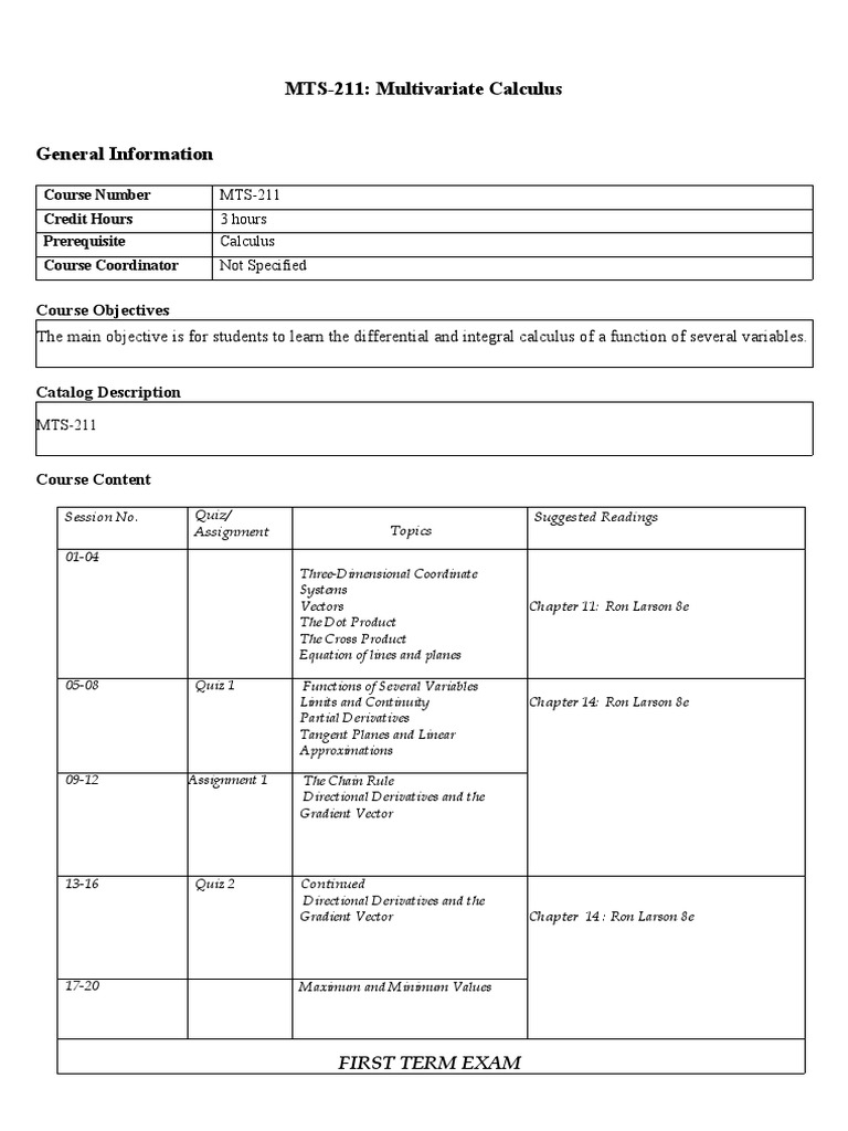MTS-211: Multivariate Calculus Course | PDF | Integral | Derivative