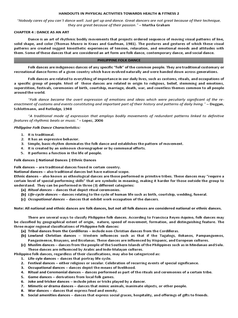 Handouts in Path Fit 2 Chapter 4 | PDF | Dances | Folklore