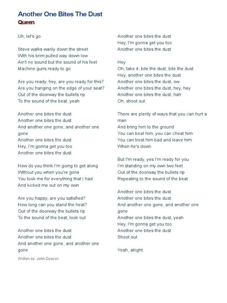 ANOTHER ONE BITES THE DUST - Queen (Lyrics) | PDF
