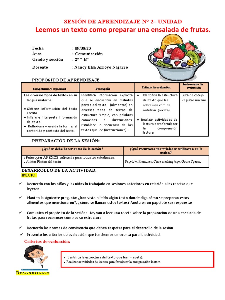 SESION 2 COM - Leemos El Texto Como Preparar Una Ensalada de Frutas. | PDF