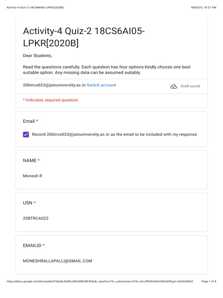 Activity-4 Quiz-2 18CS6AI05-LPKR (2020B) | PDF | Logic | Deductive Reasoning
