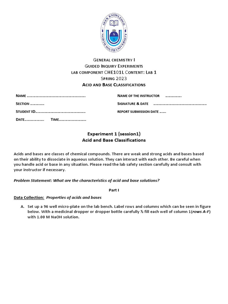 CHE101 Lab 1 Acid Base Classification | PDF