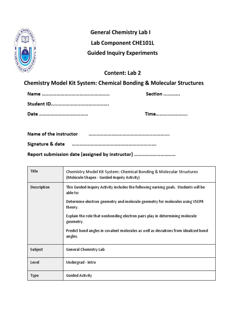 CHE101 Lab 2 Chemical Bonding & Molecular Structures | PDF | Chemical ...