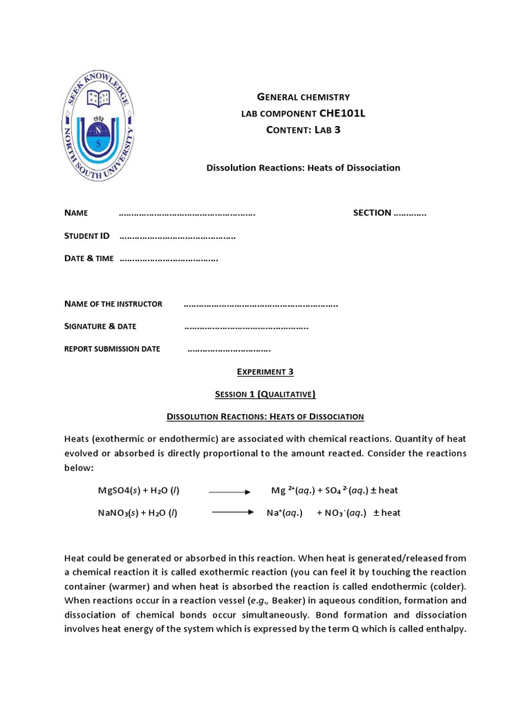 CHE101 Lab 3 Dissolution Reactions | PDF | Chemical Reactions | Mole (Unit)