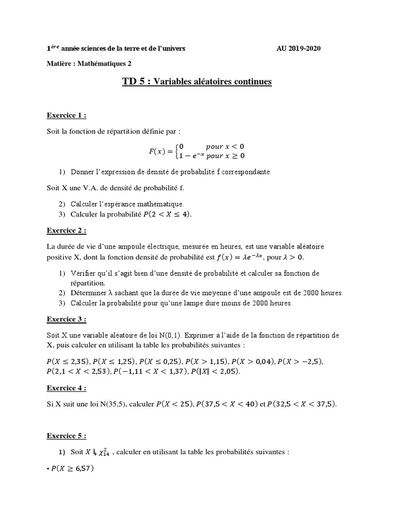 Variables Aleatoires Continues TD | PDF | Probabilité | Analyse mathématique