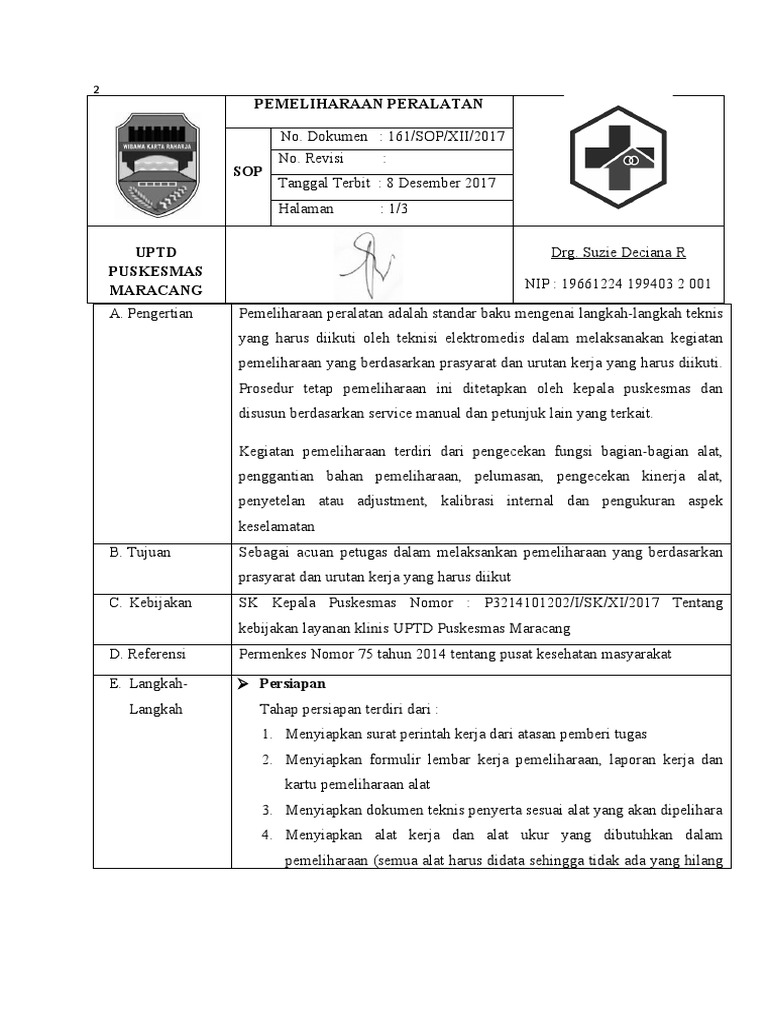7.3.2.2 SOP Pemeliharaan Peralatan | PDF | Bisnis | Komputer