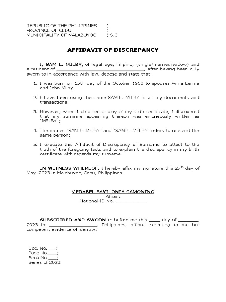 Affidavit of Name Discrepancy | PDF | Law