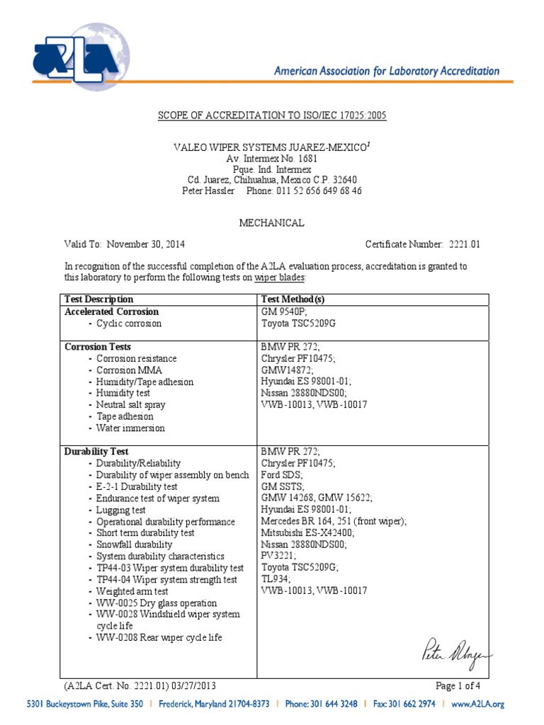 Valeo Wiper Systems ISO/IEC 17025 Accreditation | PDF | Automotive Industry | Vehicle Technology