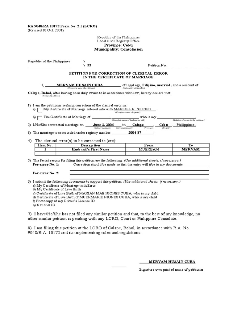 Petition for Correction_Marriage Certificate | PDF | Social ...