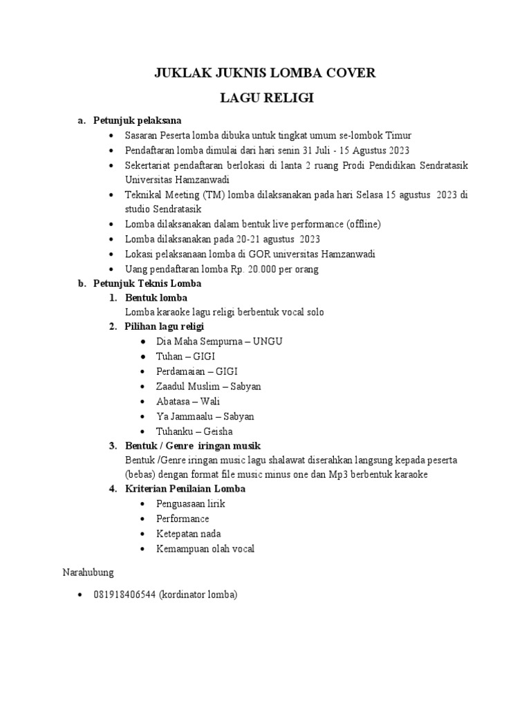Juklak Juknis Lomba Cover Lagu Religi | PDF