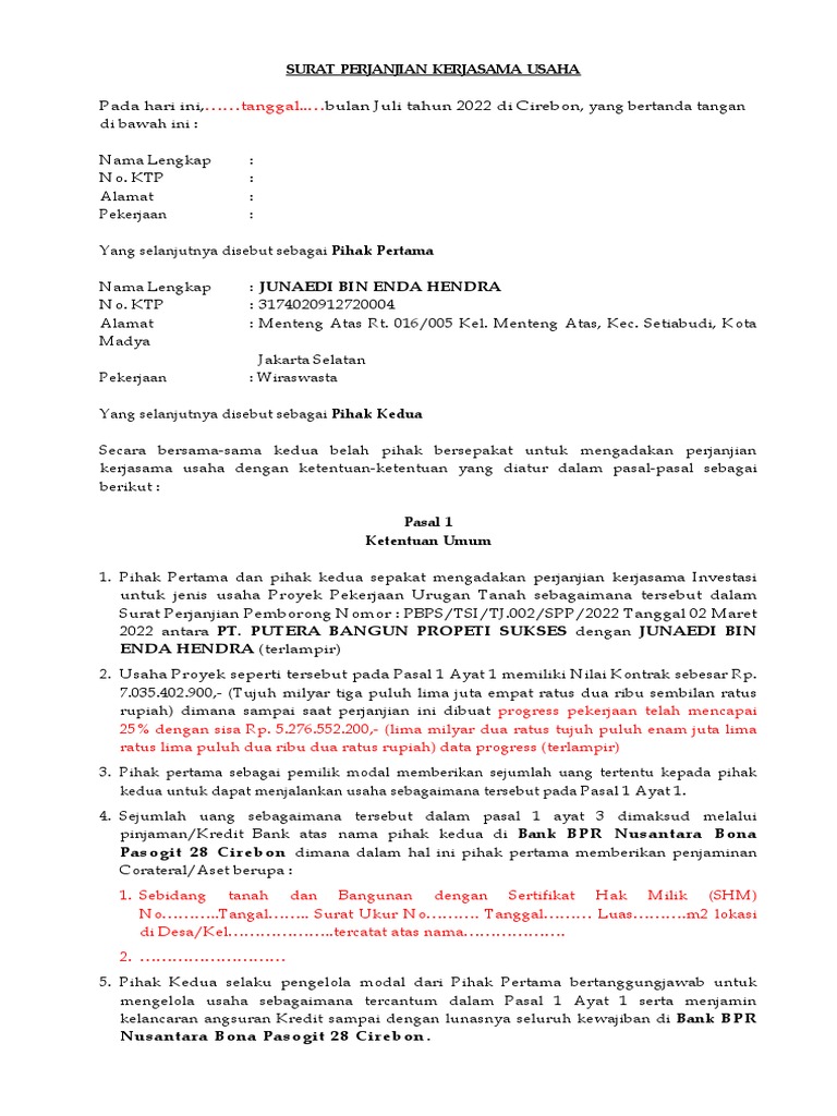 Surat Perjanjian Kerjasama Usaha - Junedi Revisi | PDF | Pengelolaan Keuangan & Uang