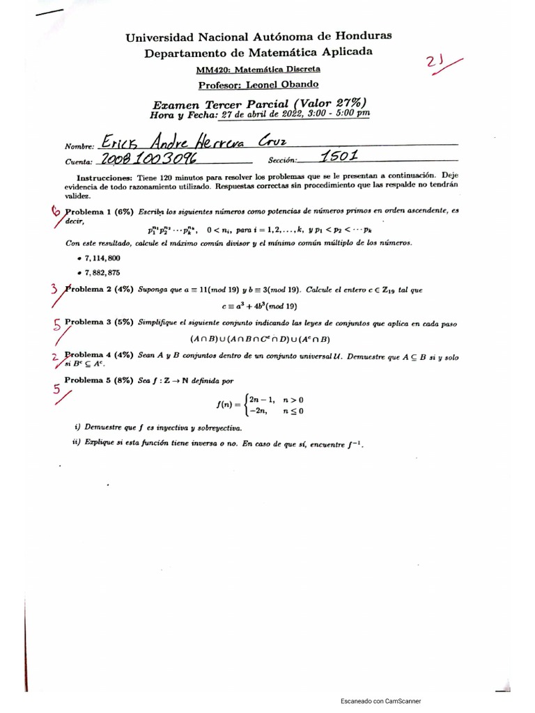 Erick Herrera - Examen 3 Discreta | PDF