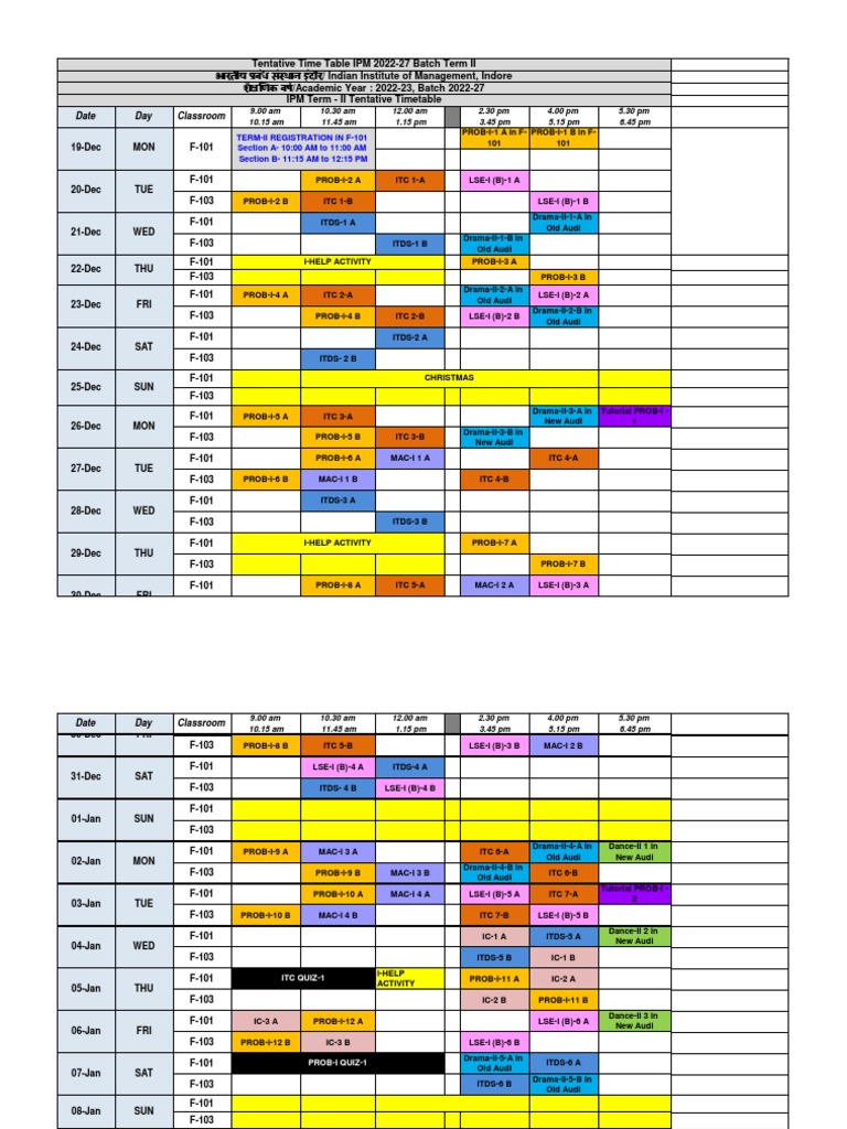 Tentative Time Table For Term II of IPM-2022 Batch | PDF