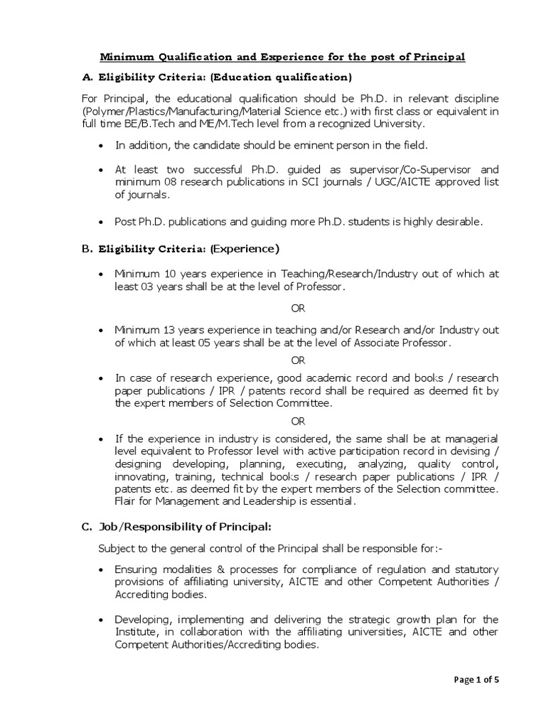 Principal Eligibility Criteria and Responsibilities | PDF | Career ...