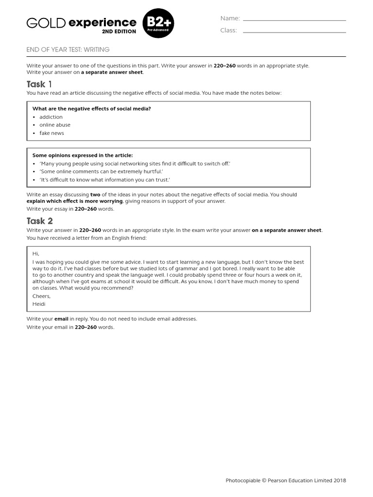 Gold Exp B2P EoY Writing Test | PDF
