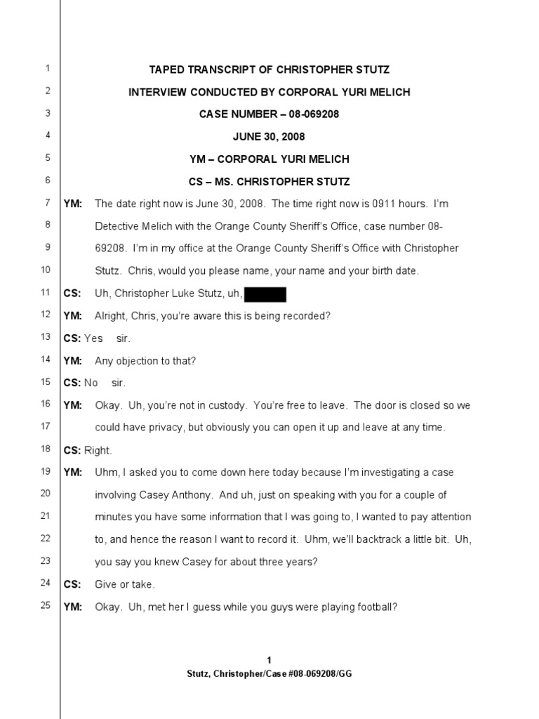 Casey Anthony - Christopher Stutz 7-30-08 Transcript | PDF