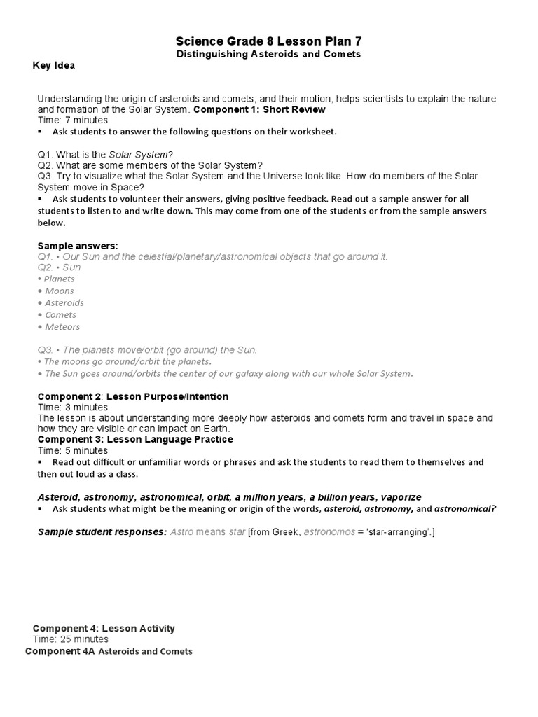 Lesson 7 - Lesson Plan - Distinguishing Asteroids and Comets | PDF ...