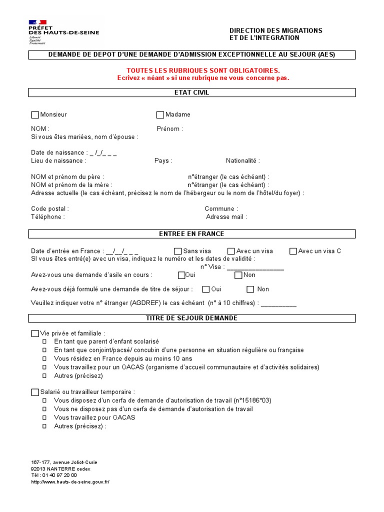 Formulaire AES Entrée Visa | PDF