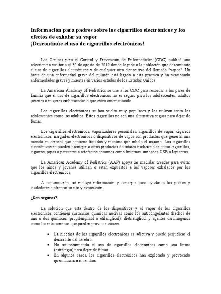 Información para Padres Sobre Los Cigarrillos Electrónicos y Los ...