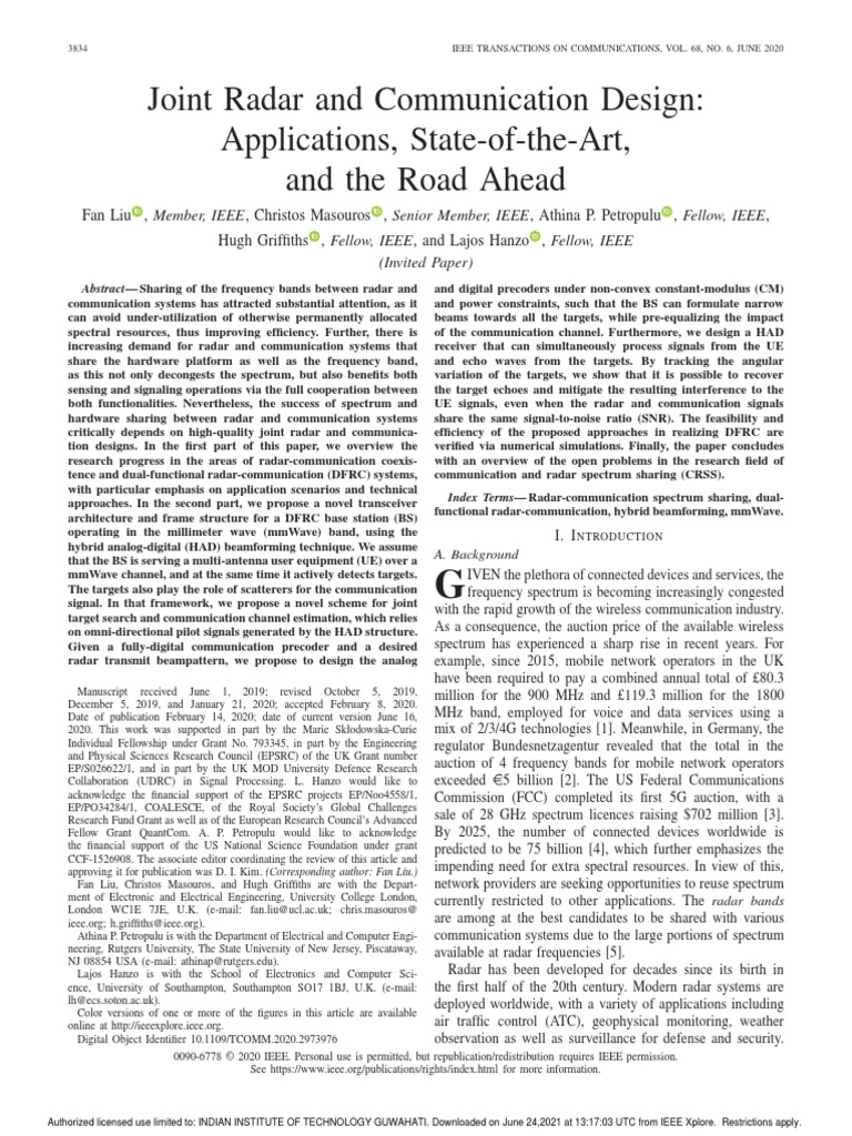 Joint Radar and Communication Design: Applications, State-of-the-Art ...