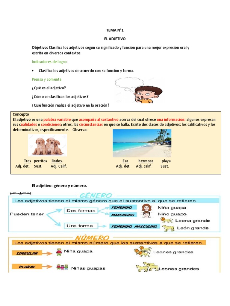 Tema N°1 El Adjetivo. 2022 - PDF | PDF | Adjetivo | Género gramatical