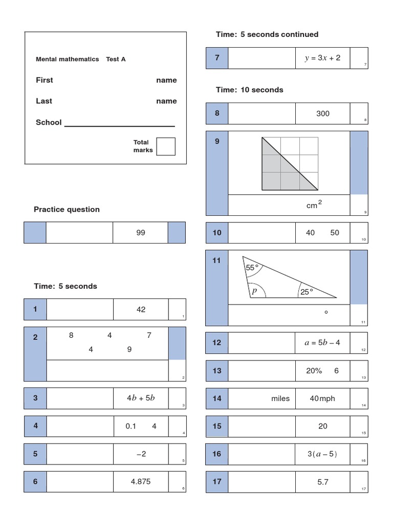 1st Practice Mental Maths Test A (Levels 4-6, 5-7, 6-8) (112kB) | PDF ...