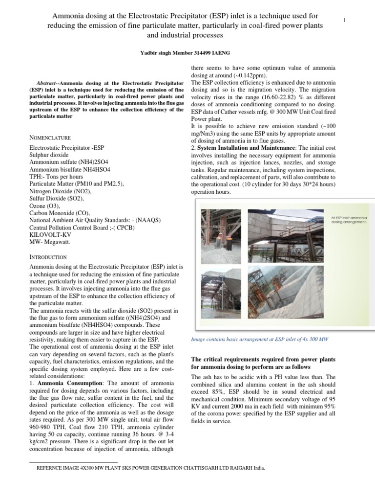 Ammonia Dosing at The Electrostatic Precipitator (ESP) Inlet Is A ...