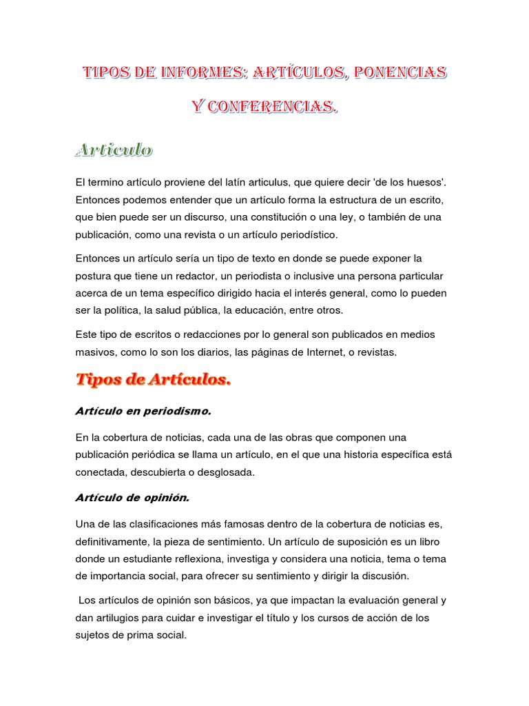 Tipos de Informes Articulo, Ponencia y Conferencia. | PDF | Periodista