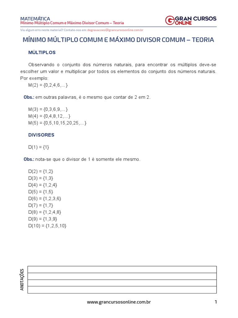 Mínimo Múltiplo Comum E Máximo Divisor Comum - Teoria: Matemática | PDF ...
