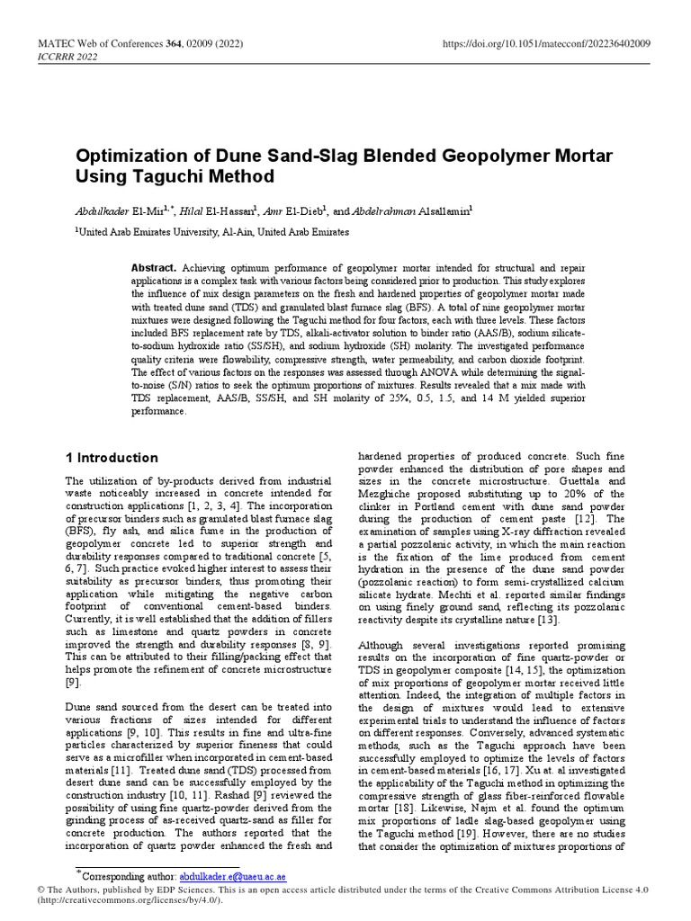 Optimization of Dune Sand Slag Blended Geopolymer Mortar Using Taguchi Method | PDF | Concrete ...
