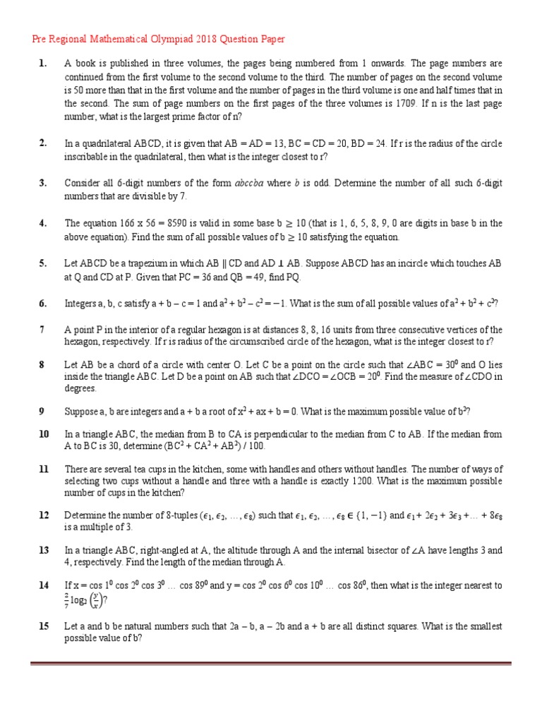 Prmo 2018 QP | PDF | Triangle | Circle