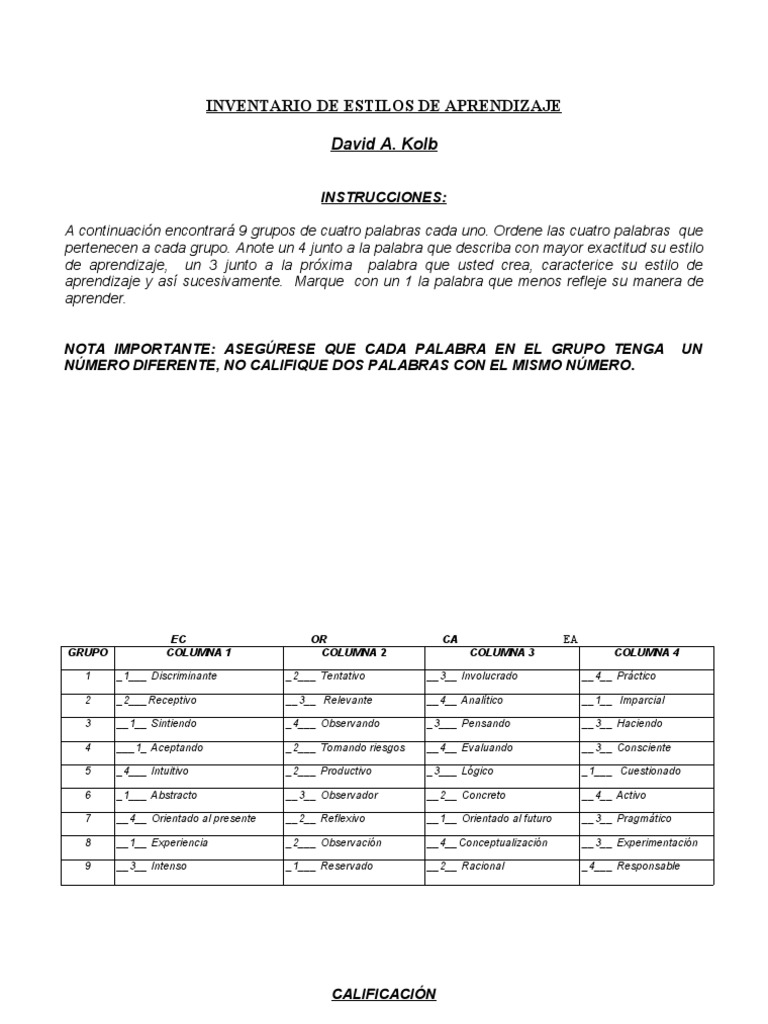 Inventario de Estilos de Aprendizaje Kolb | PDF | Aprendizaje | Cognición