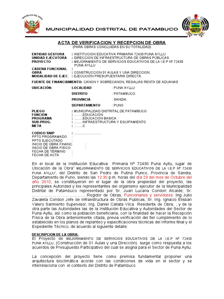 Acta de Verificacion y Recepcion | PDF | Fundación (Ingeniería) | Gobierno local