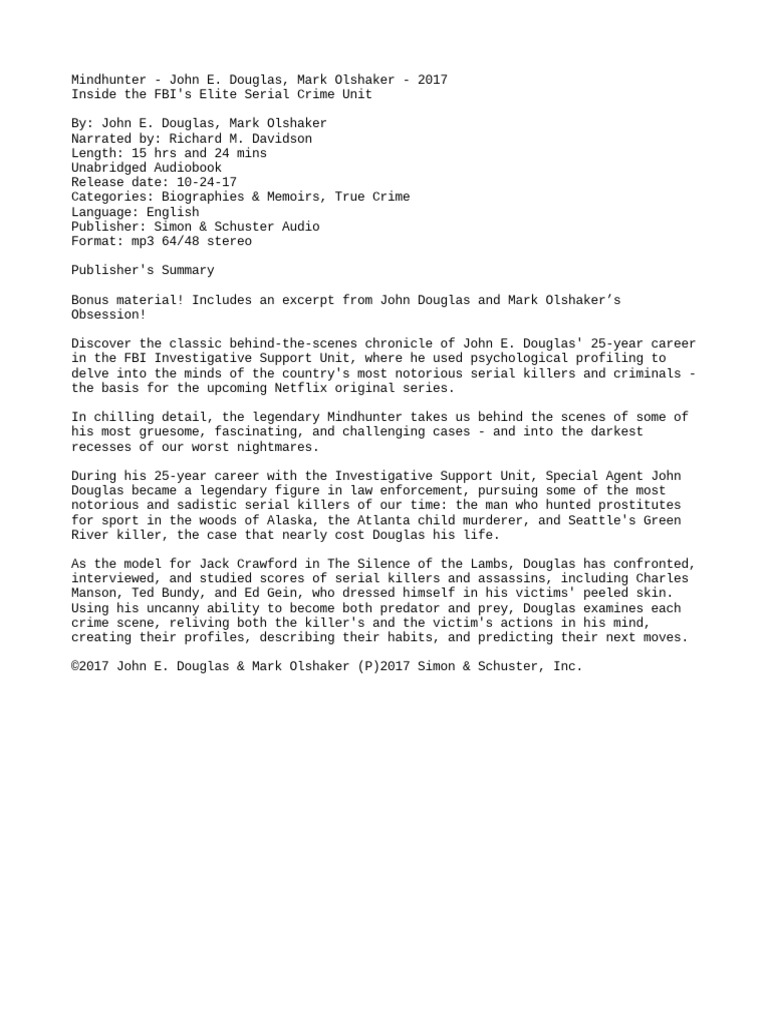 Mindhunter - John E. Douglas, Mark Olshaker - 2017 | PDF