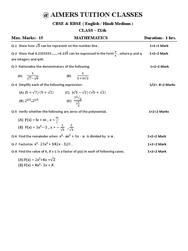 AIMERs Class 9 Math MT | PDF